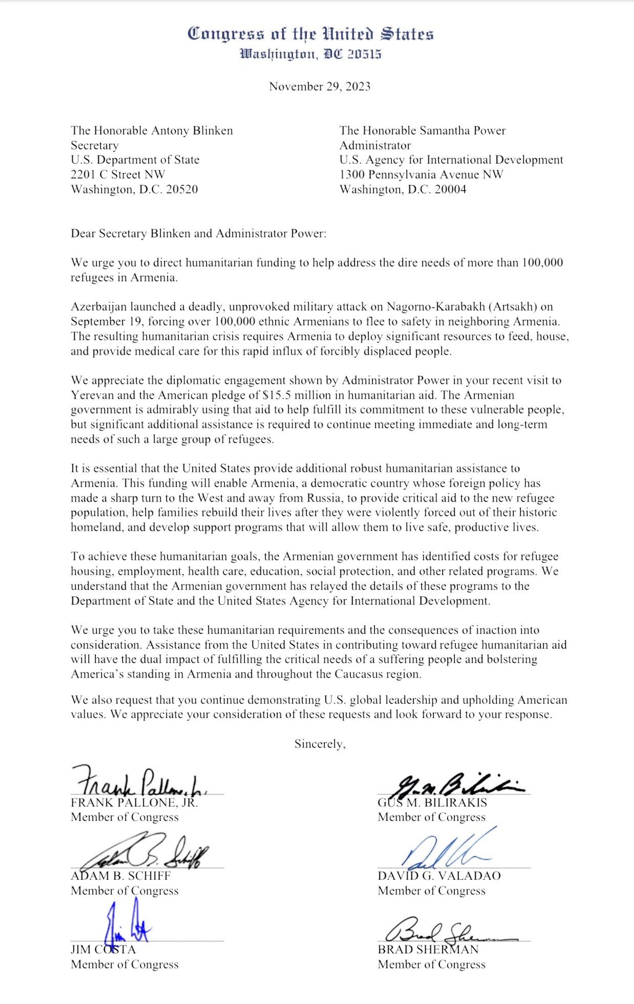 Bipartisan Congressional Armenian Caucus Appeals to Secretary Blinken ...